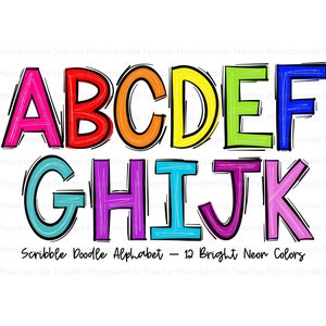 Bright Doodle Alphabet PNG Bundle: Scribble Font Clipart (digital ...