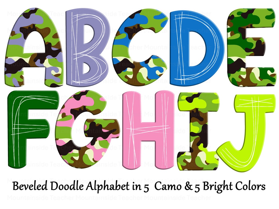 Camo Doodle Alphabet PNG: Bright Camouflage Clipart (digital Download ...