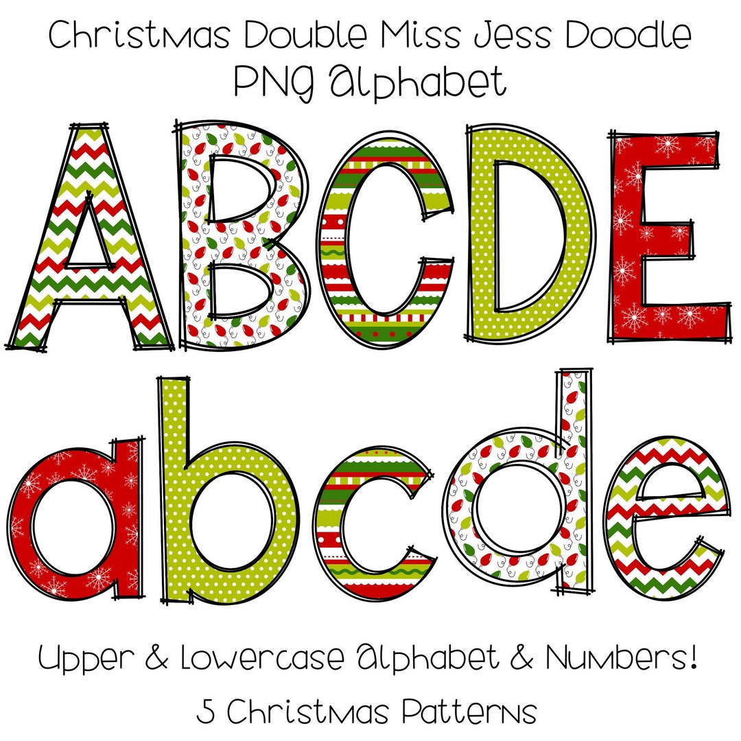 Double Line Doodle Letters, Christmas Pattern Alphabet PNG, Sublimation ...