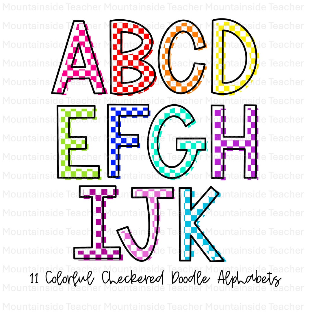 Block Doodle Letters, Bright Checkered Doodle Alphabet, Sublimation Set ...