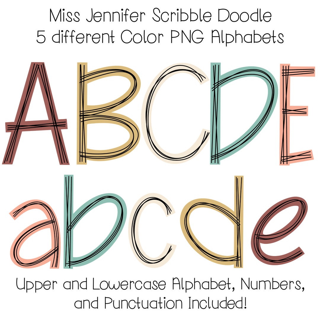 Blunt Edge Scribble Doodle Letters Boho Colors PNG Bundle Alphabet ...