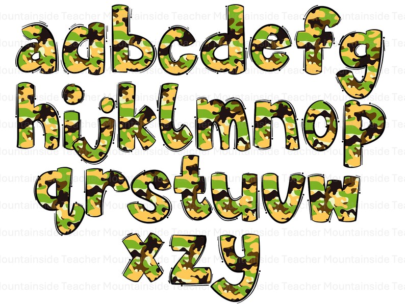 Camouflage Doodle Alphabet PNG Bundle: Summer Colors (digital Download ...