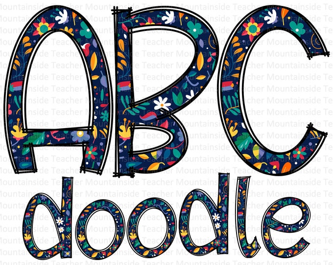Double Outline Doodle Letters Floral PNG Bundle Alphabet Sublimation ...