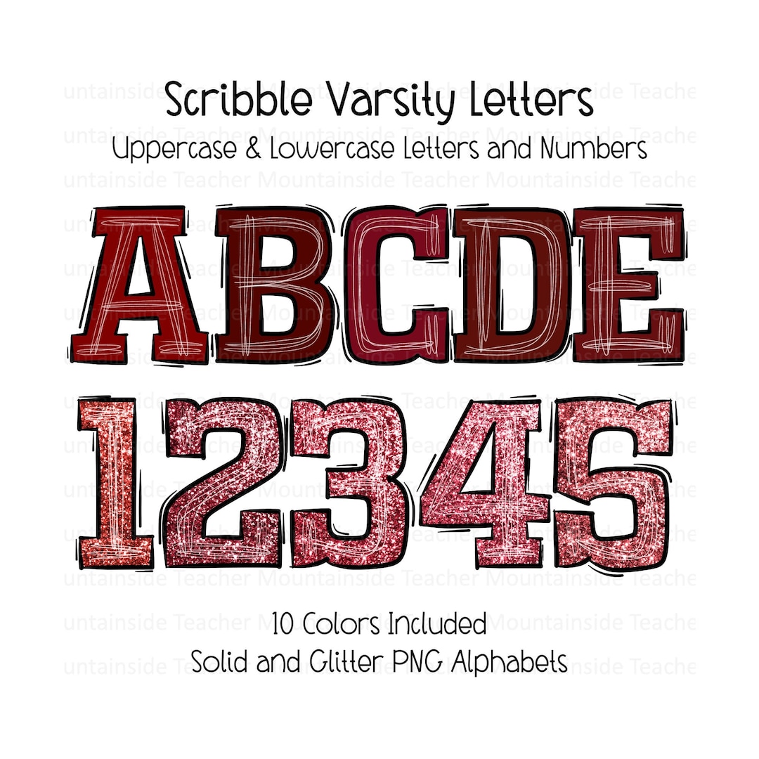 Maroon Varsity Letter PNG Alphabet: Glitter & Solid Doodle Font ...