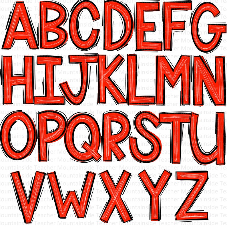 Scribble Letters, Shades of Red Alphabet, PNG Bundle, Doodle ...
