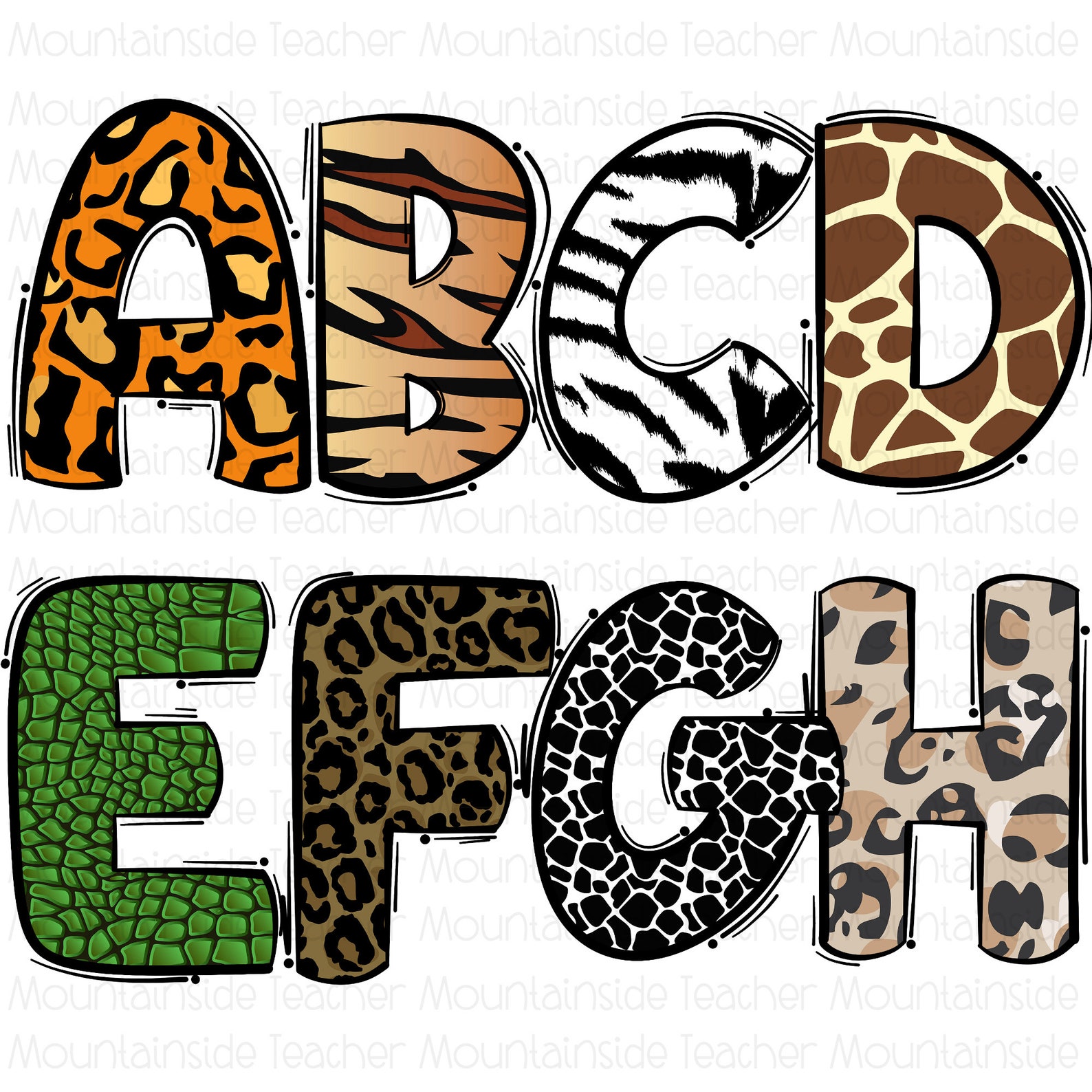 Animal Print Doodle Alphabet PNG Bundle: Sublimation Alpha Set (digital ...