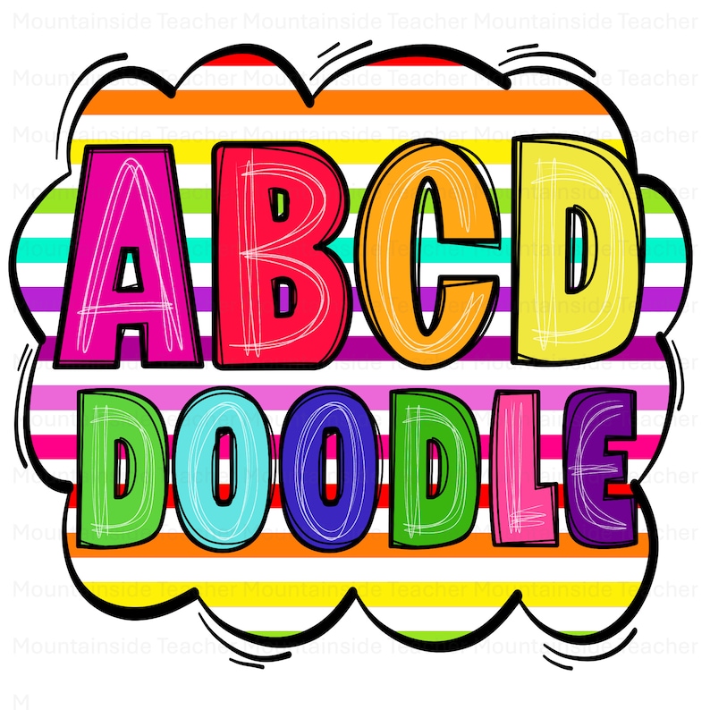 Neon Doodle Alphabet PNG Bundle: Rainbow Varsity Letters (digital ...