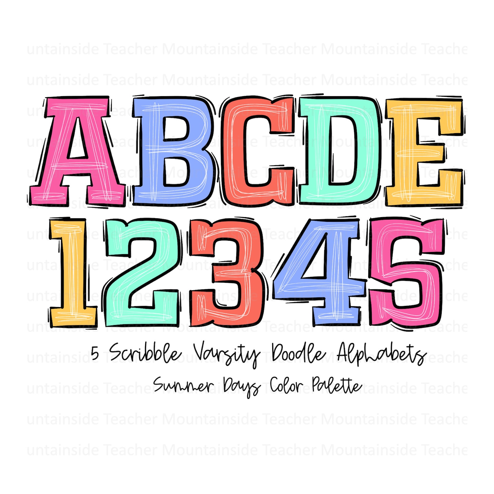 Varsity Letter Alphabet, Summer Color Alphabet PNG Bundle, Doodle ...