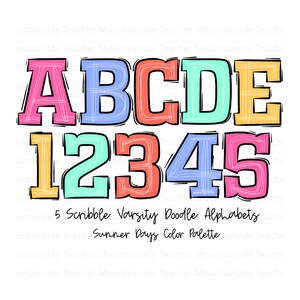 Varsity Letter Alphabet, Summer Color Alphabet PNG Bundle, Doodle ...
