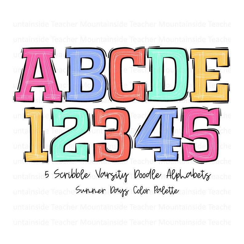 Varsity Letter Alphabet, Summer Color Alphabet PNG Bundle, Doodle ...