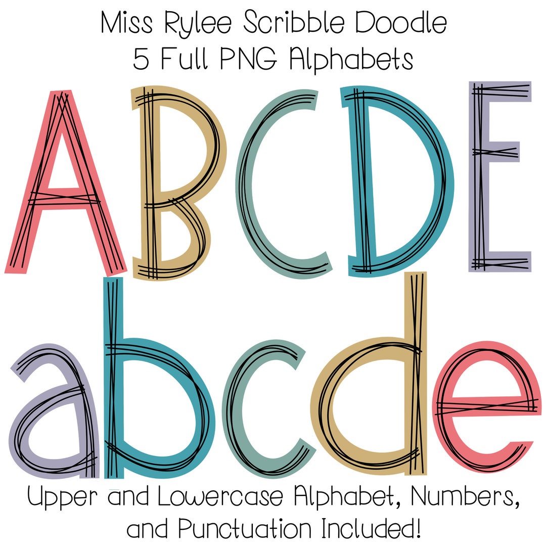 Blunt Edge Scribble Doodle Letters Boho Colors PNG Bundle Alphabet ...