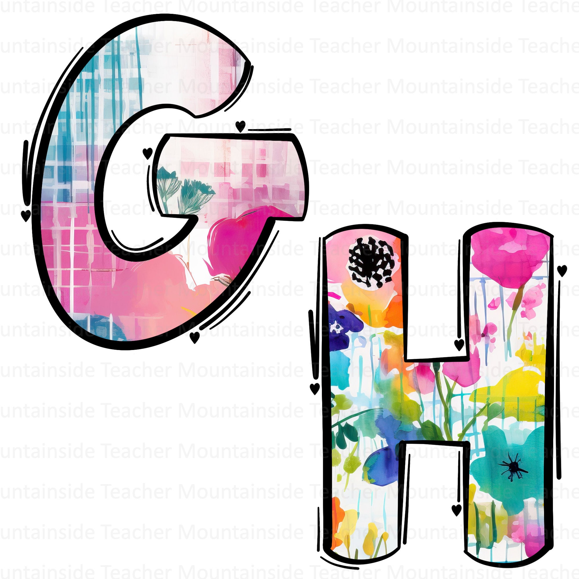Watercolor Floral Alpha Doodle Letters PNG, Floral Alphabet Png, Bright ...