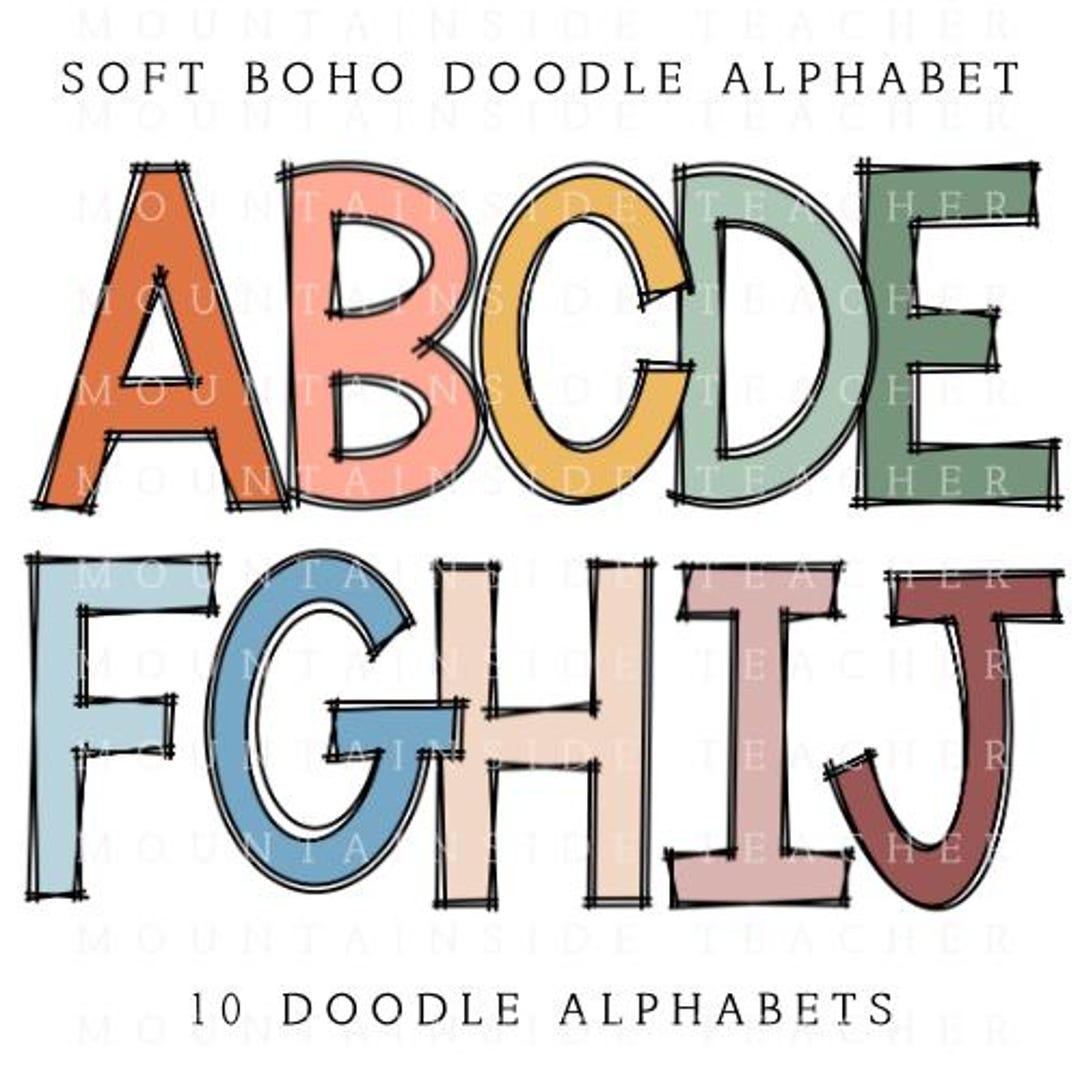 Soft Boho Double Outline Doodle Letters Boho Colors PNG Bundle Alphabet ...