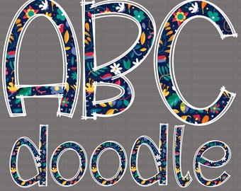 Double Outline Doodle Letters Floral PNG Bundle Alphabet Sublimation ...