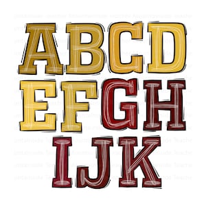 Varsity Scribble Letters, Maroon and Gold Doodle Alphabet, PNG Bundle ...