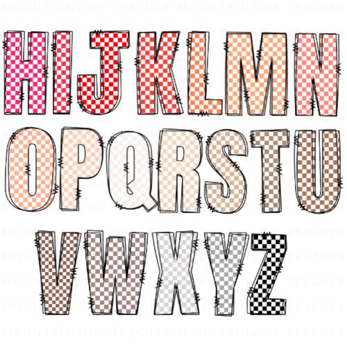 Checkered Doodle Alphabet PNG Bundle: Bright Clipart (digital Download ...