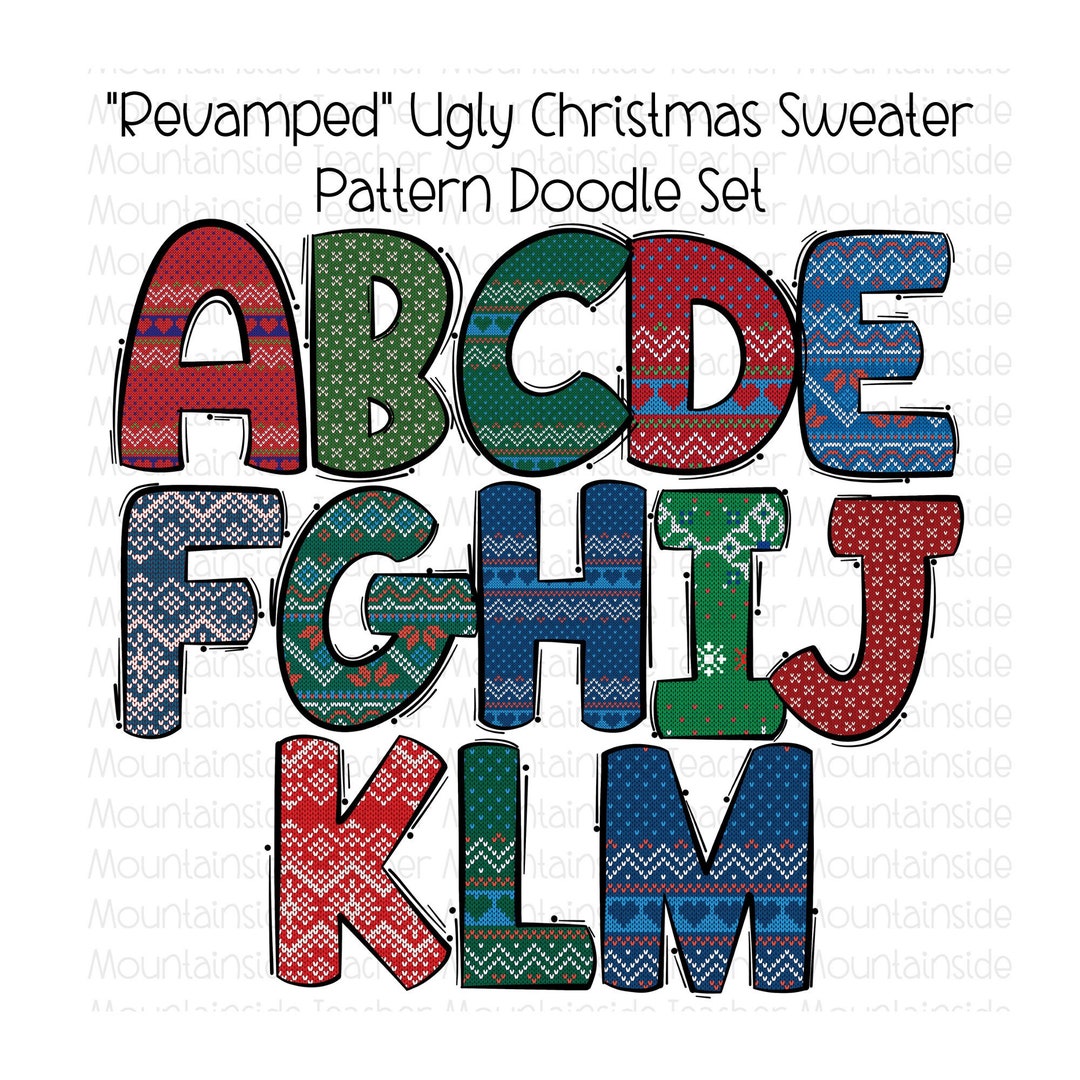 Christmas Doodle Letters, Ugly Sweater Doodle Alphabet, PNG ...
