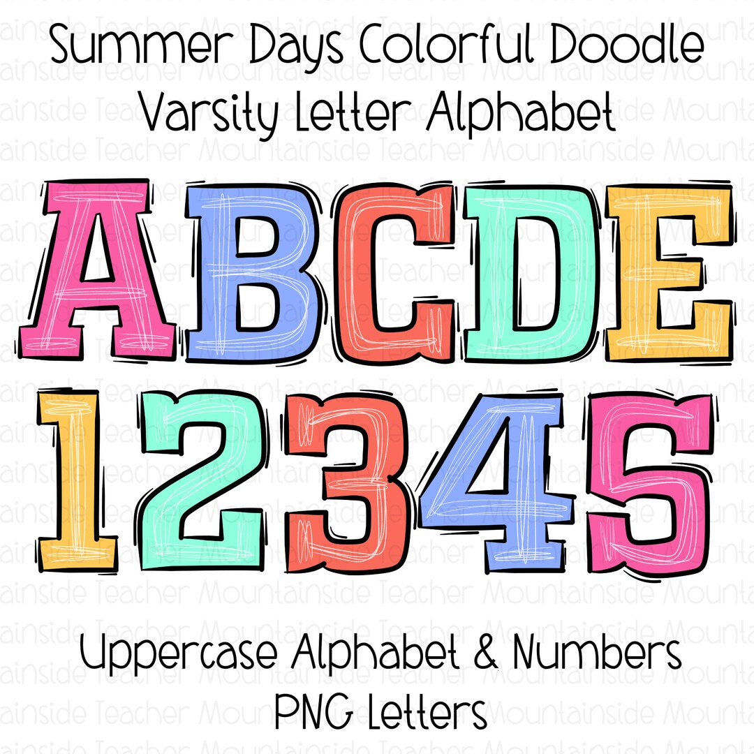 Varsity Letter Alphabet, Summer Color Alphabet PNG Bundle, Doodle ...