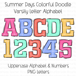 Varsity Letter Alphabet, Summer Color Alphabet PNG Bundle, Doodle ...