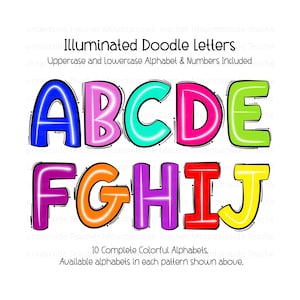 Illuminated Letters, Bright Doodle Alphabet, PNG Bundle, Doodle ...
