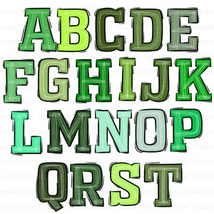 Varsity Alphabet, Shades of Green, Doodle Letters, Hand Drawn Alphabet ...