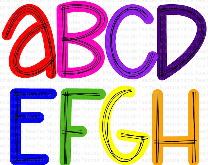 Whimsical Doodle Alphabet Letters PNG Bundle, 10 Alpha Sets, Boho Color ...