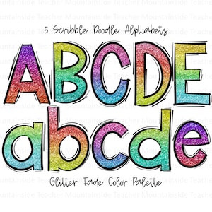 Faded Glitter Letters, Bright Doodle Alphabet, PNG Bundle, Doodle ...