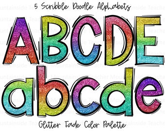 Faded Glitter Letters, Bright Doodle Alphabet, PNG Bundle, Doodle ...