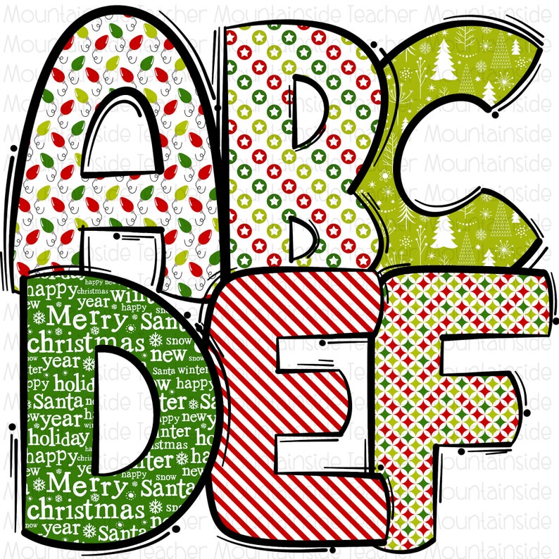 Christmas Doodle Alphabet PNG Doodle Sublimation Alpha Set Design PNG ...