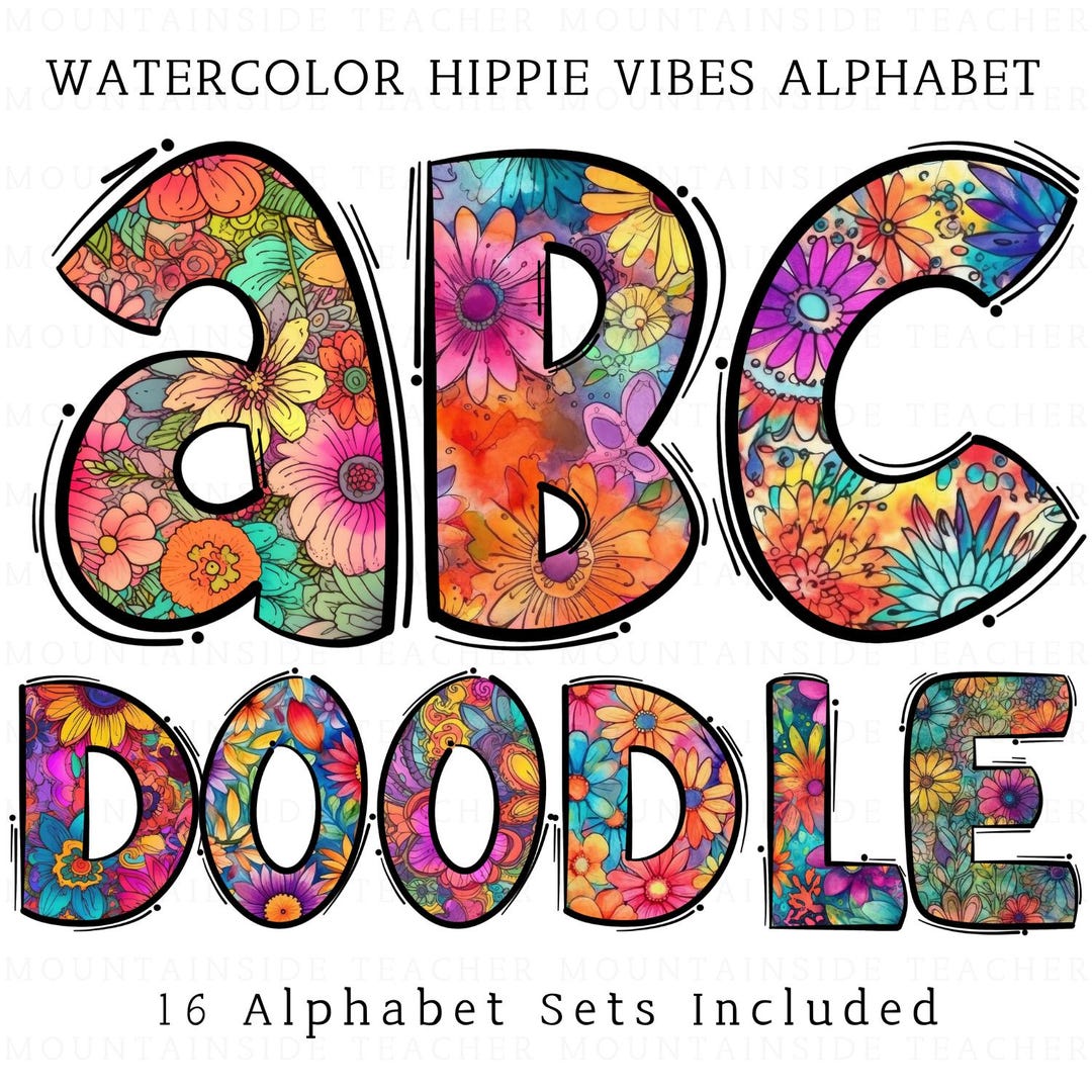 Floral Doodle Alphabet PNG Sublimation Hippie Design Uppercase and Lowercase Alpha Pack ...