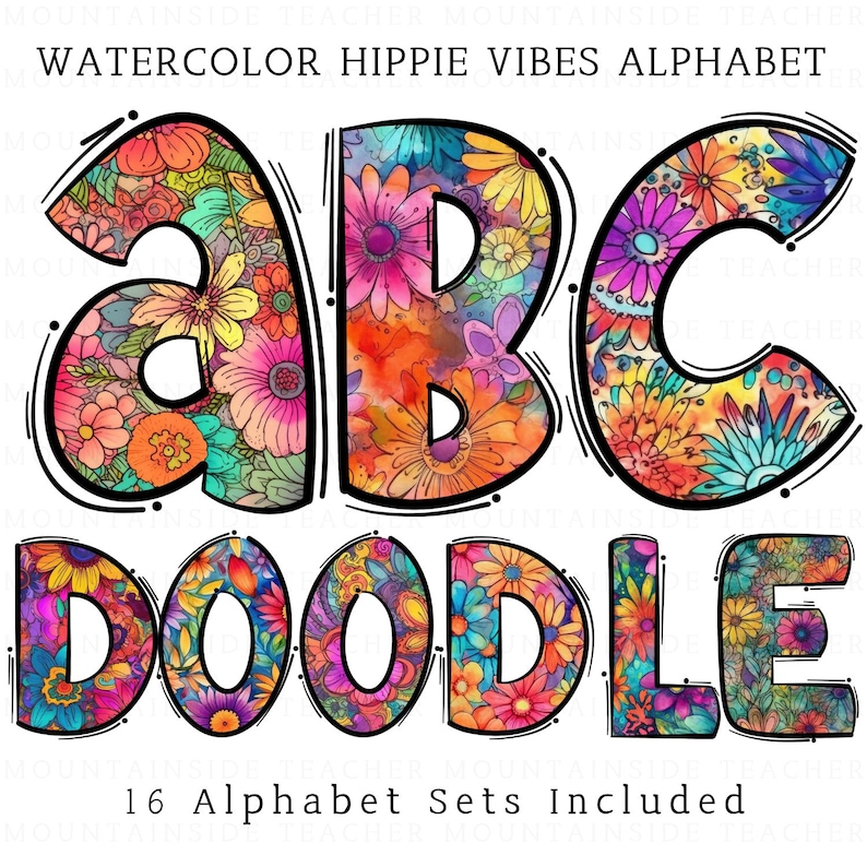 Floral Doodle Alphabet PNG: Hippie Watercolor Font (digital Download ...
