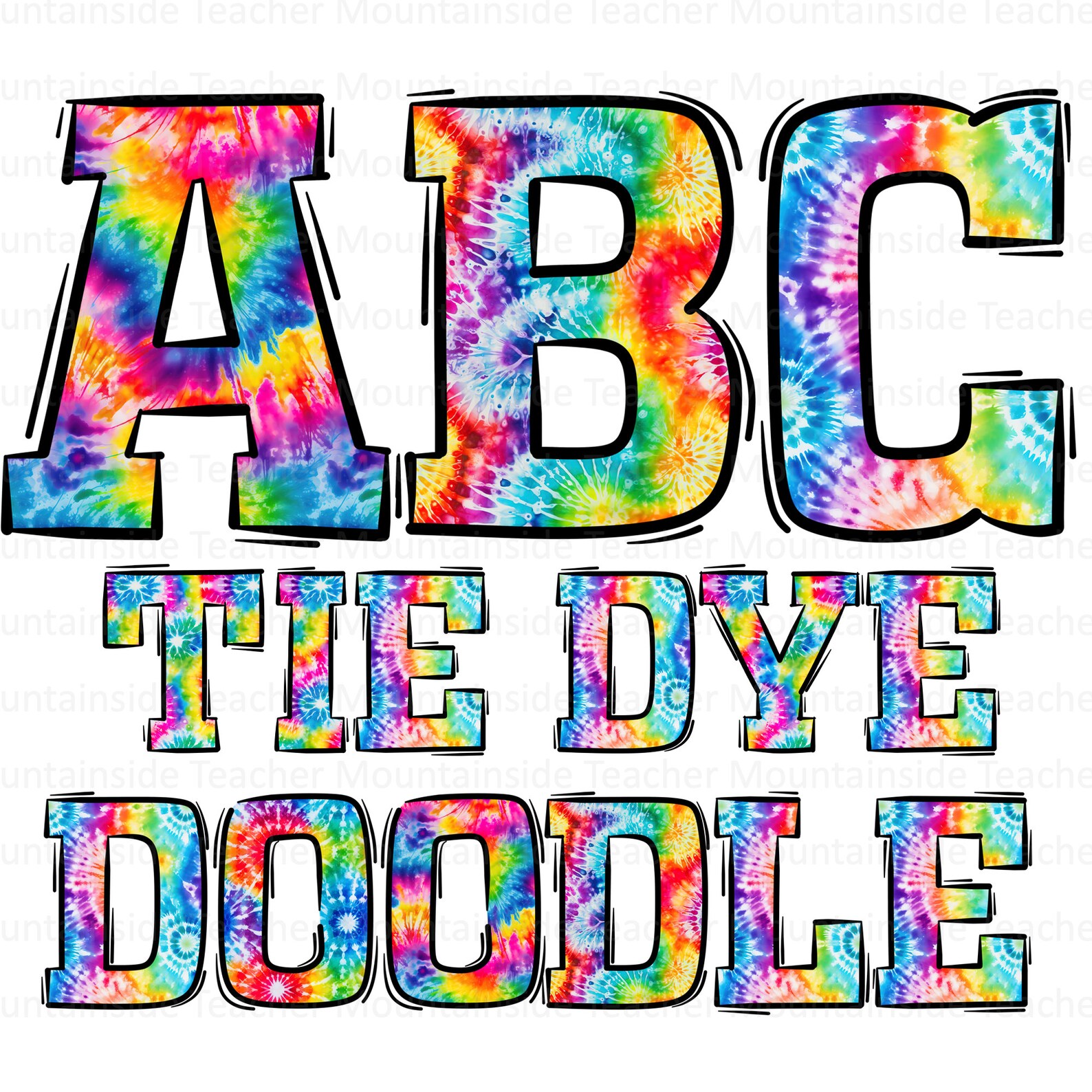 Colorful Tie Dye Varsity Doodle Letters, Hand Drawn Doodle Alpha Bundle ...