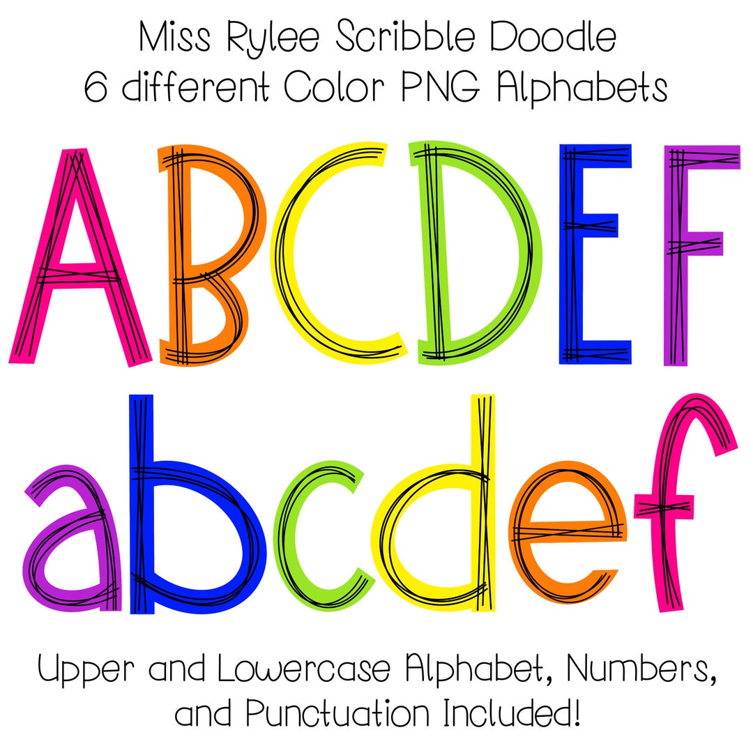 Scribble Doodle Letters Bright Neon Colors PNG Bundle Alphabet ...
