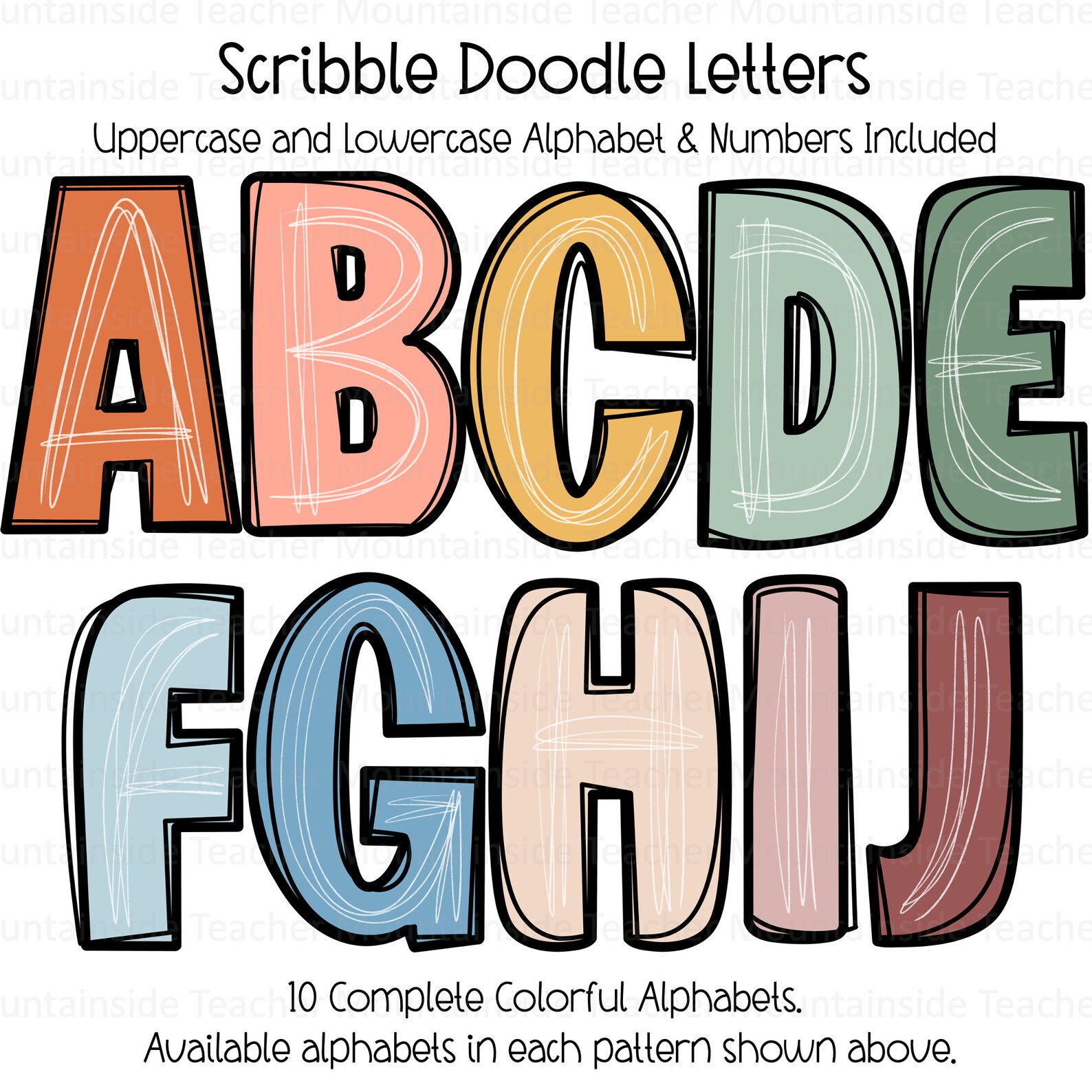 Scribble Alphabets, Boho Colors, Doodle Letters, Hand Drawn Alphabet ...