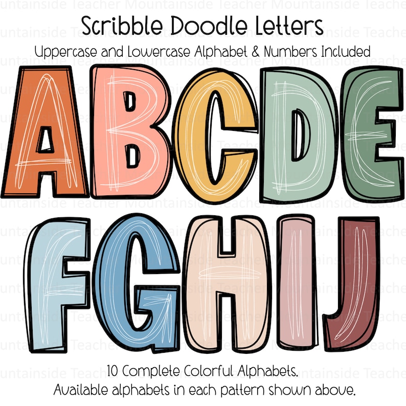 Scribble Alphabets, Boho Colors, Doodle Letters, Hand Drawn Alphabet ...