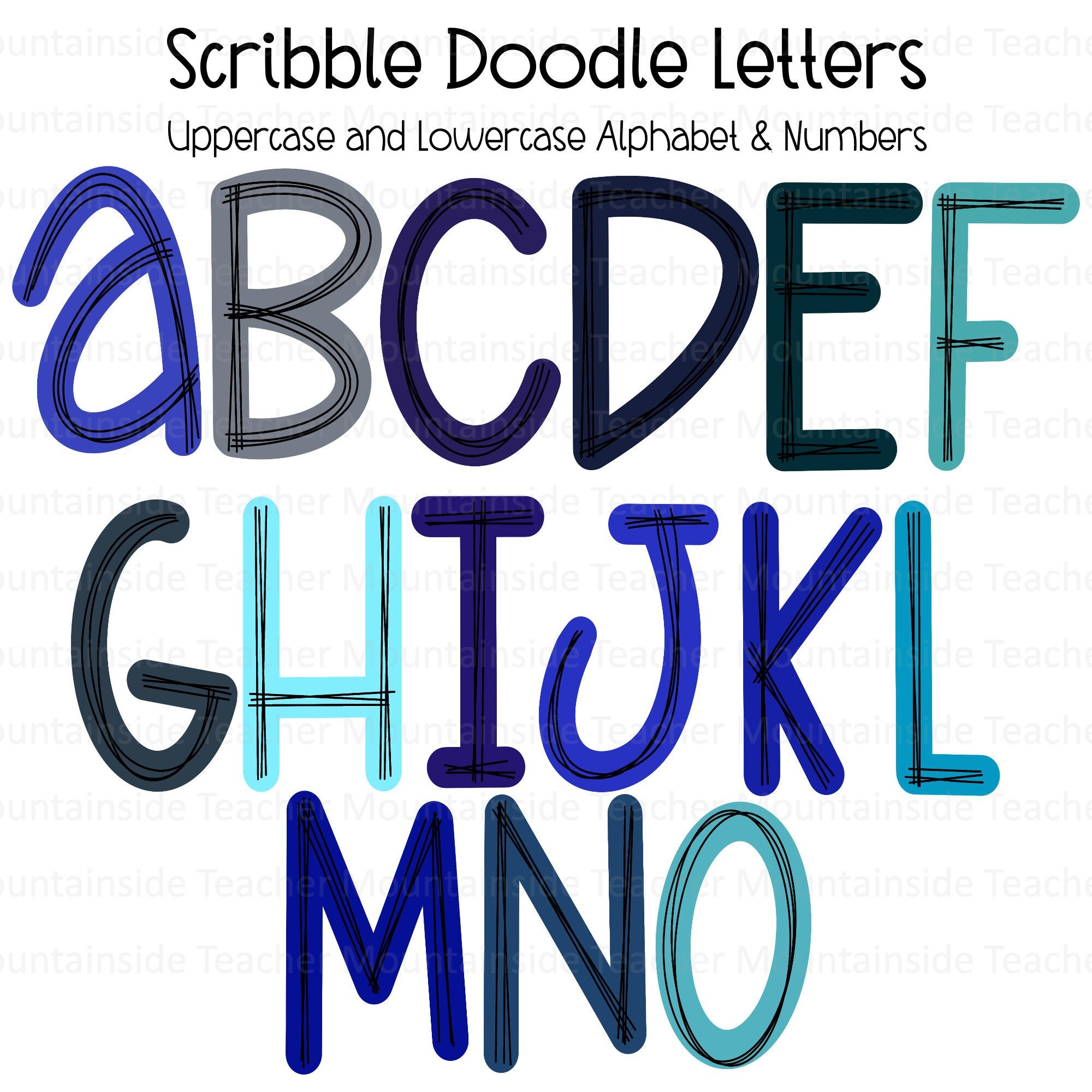 Scribble Letters, Sublimation Doodle Alphabet, Shades of Blue Doodle ...