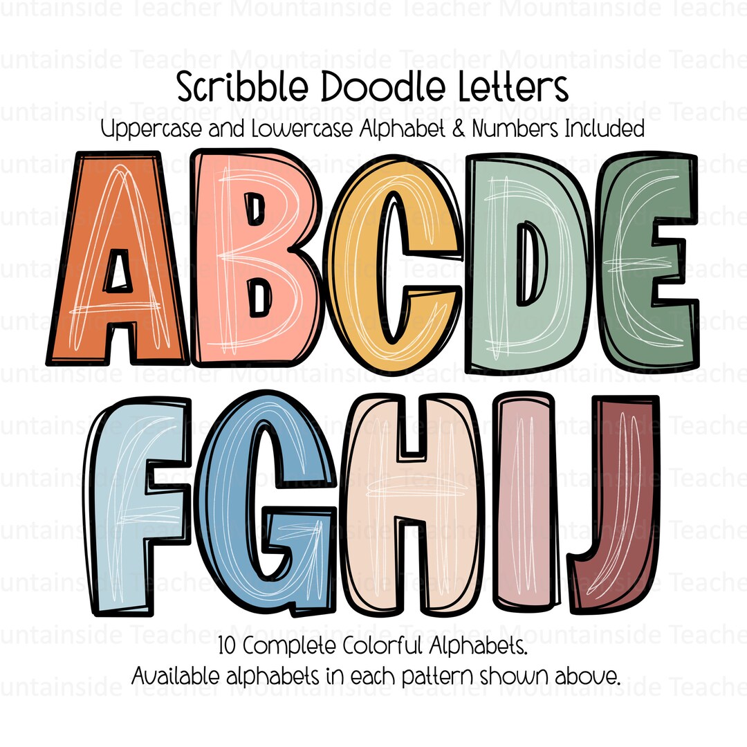 Scribble Alphabets, Boho Colors, Doodle Letters, Hand Drawn Alphabet ...