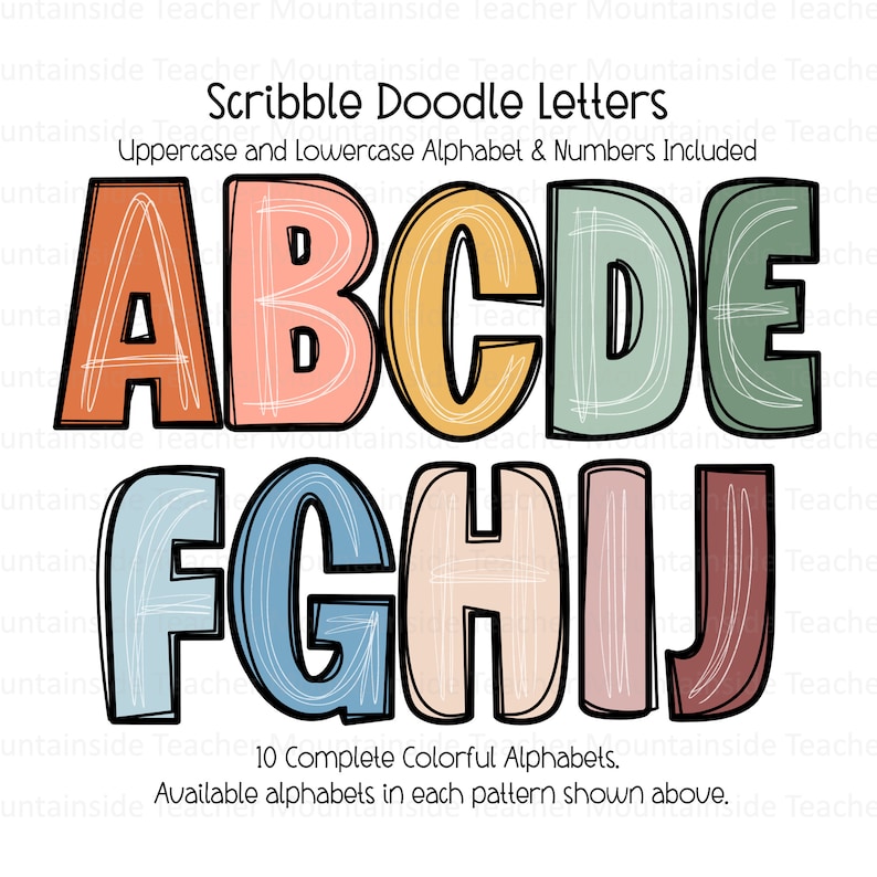 Scribble Alphabets, Boho Colors, Doodle Letters, Hand Drawn Alphabet ...