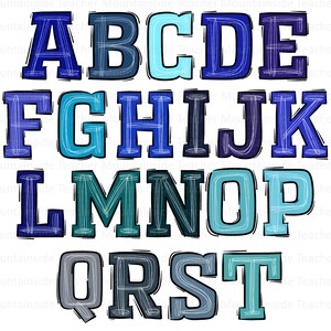 Varsity Scribble Letters, Blue Doodle Alphabet, PNG Bundle, Sublimation ...