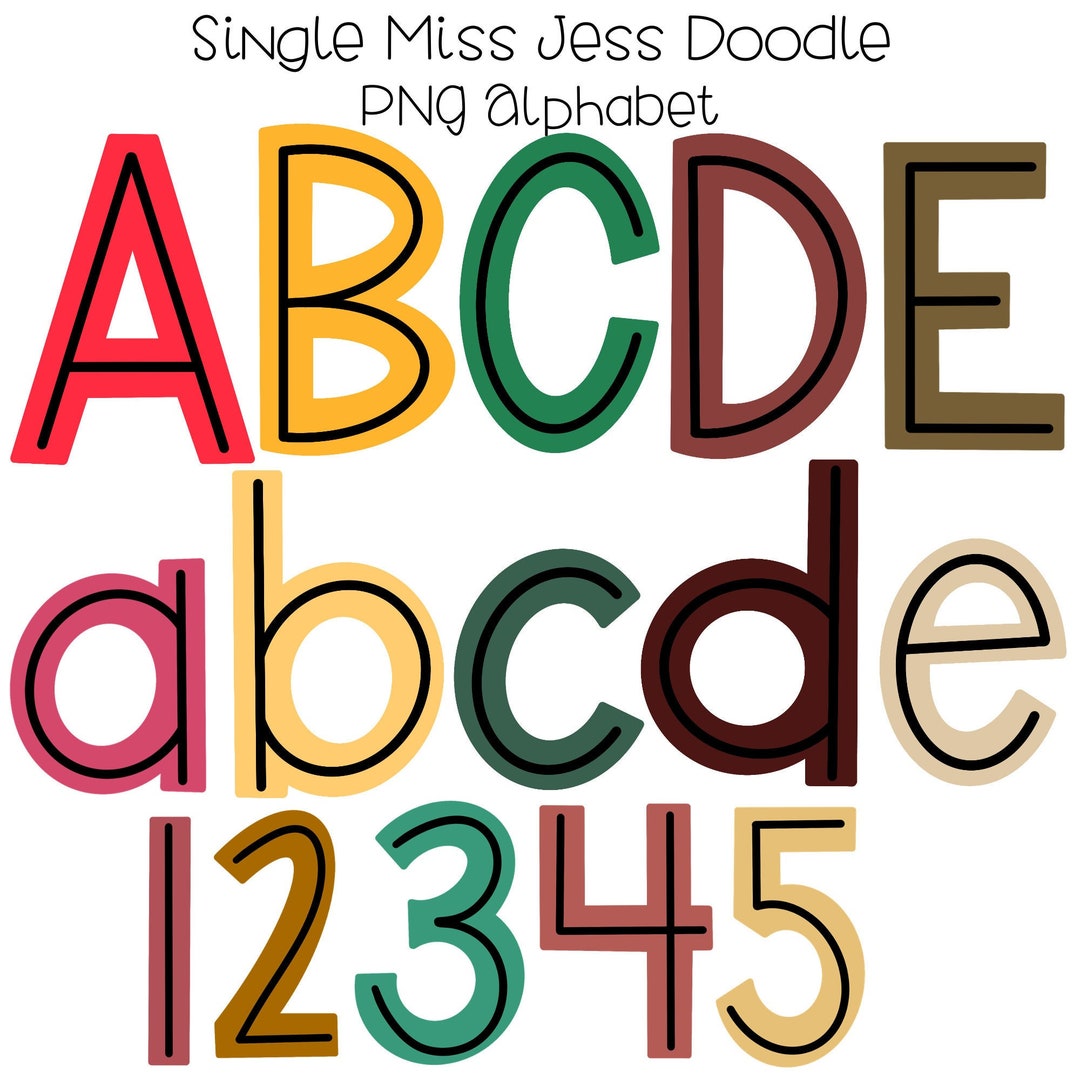 Block Doodle Letters 24 Boho Colors, Single Center Line, PNG Alphabet ...