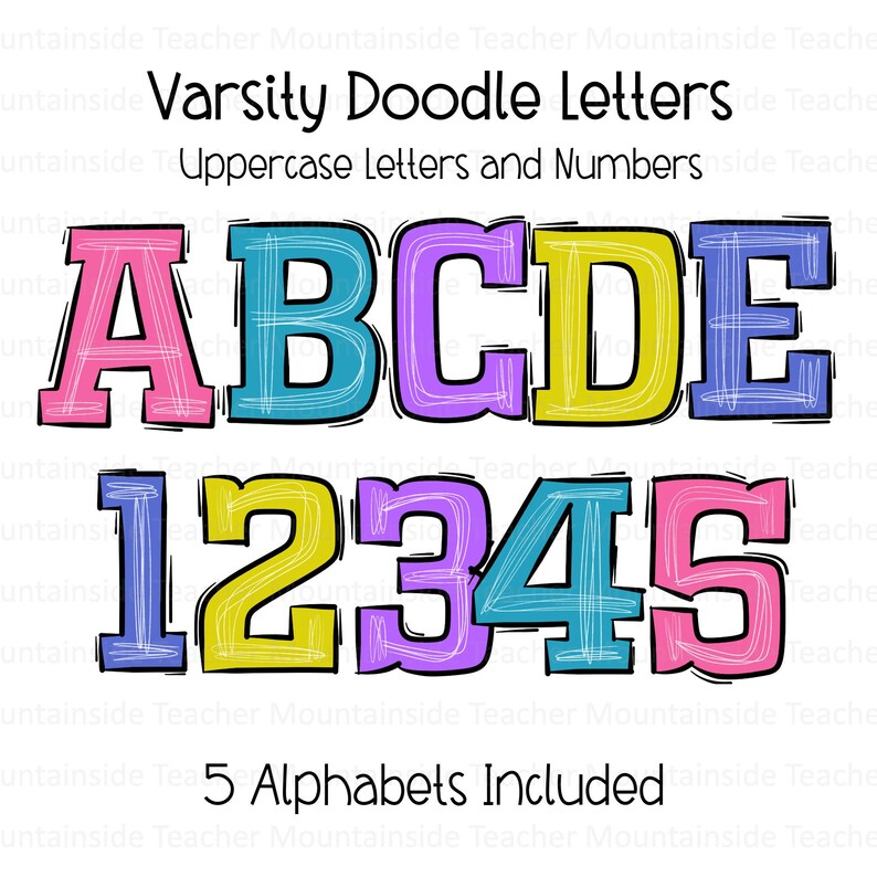 Varsity Letter Alphabet, Bright Colors PNG, Doodle Letters, Hand Drawn ...