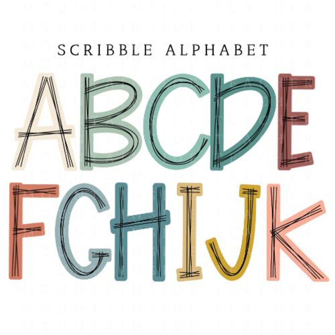 Blunt Edge Scribble Doodle Letters Boho Colors PNG Bundle Alphabet ...