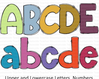 Single Center Line Letters, Bright Doodle Alphabet, PNG Bundle ...