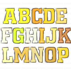 Varsity Alphabet, Shades of Yellow, Doodle Letters, Hand Drawn Alphabet ...