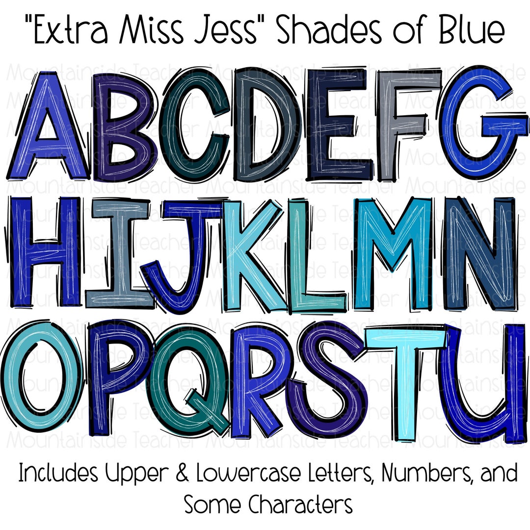 Scribble Letters, Blue Doodle Alphabet, PNG Bundle, Doodle Sublimation ...