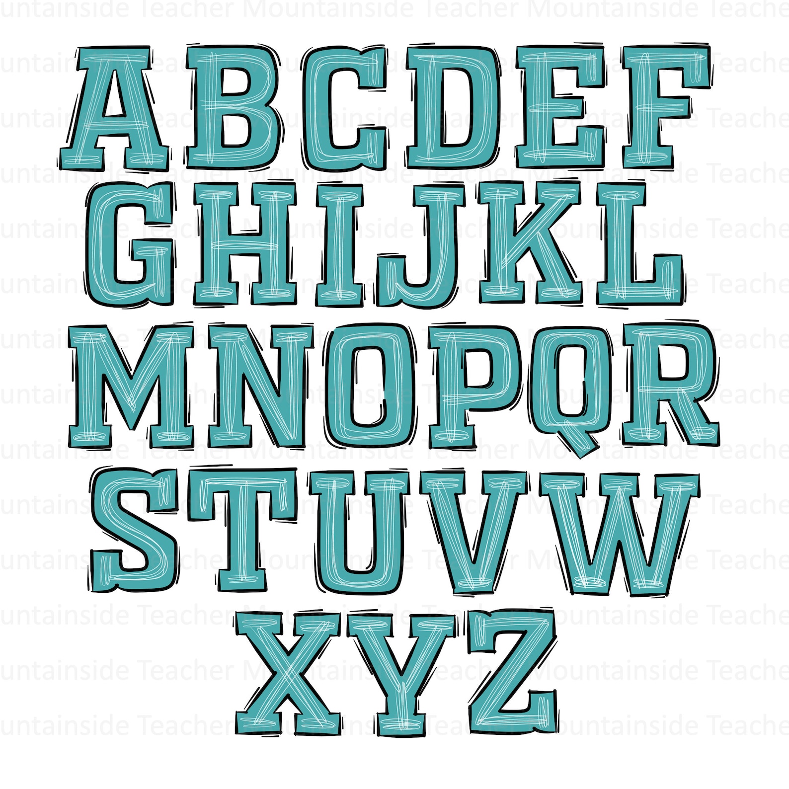 Varsity Scribble Letters, Blue Doodle Alphabet, PNG Bundle, Sublimation ...