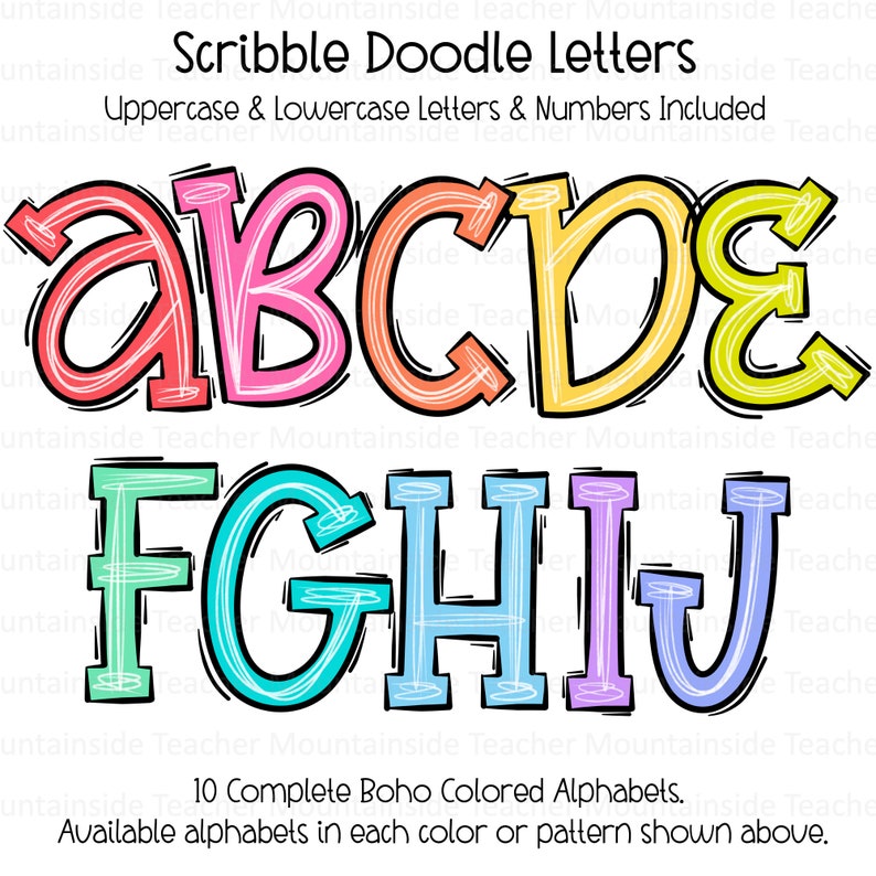 Bright Doodle Alphabet, Scribble PNG Clipart, 10 Colors (digital ...
