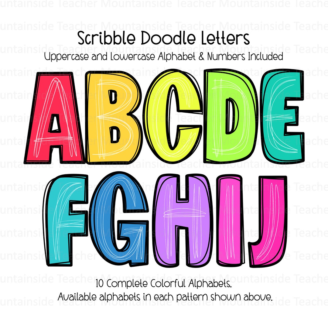 Bright Scribble Alphabets, Bright Colors, Doodle Letters, Hand Drawn ...