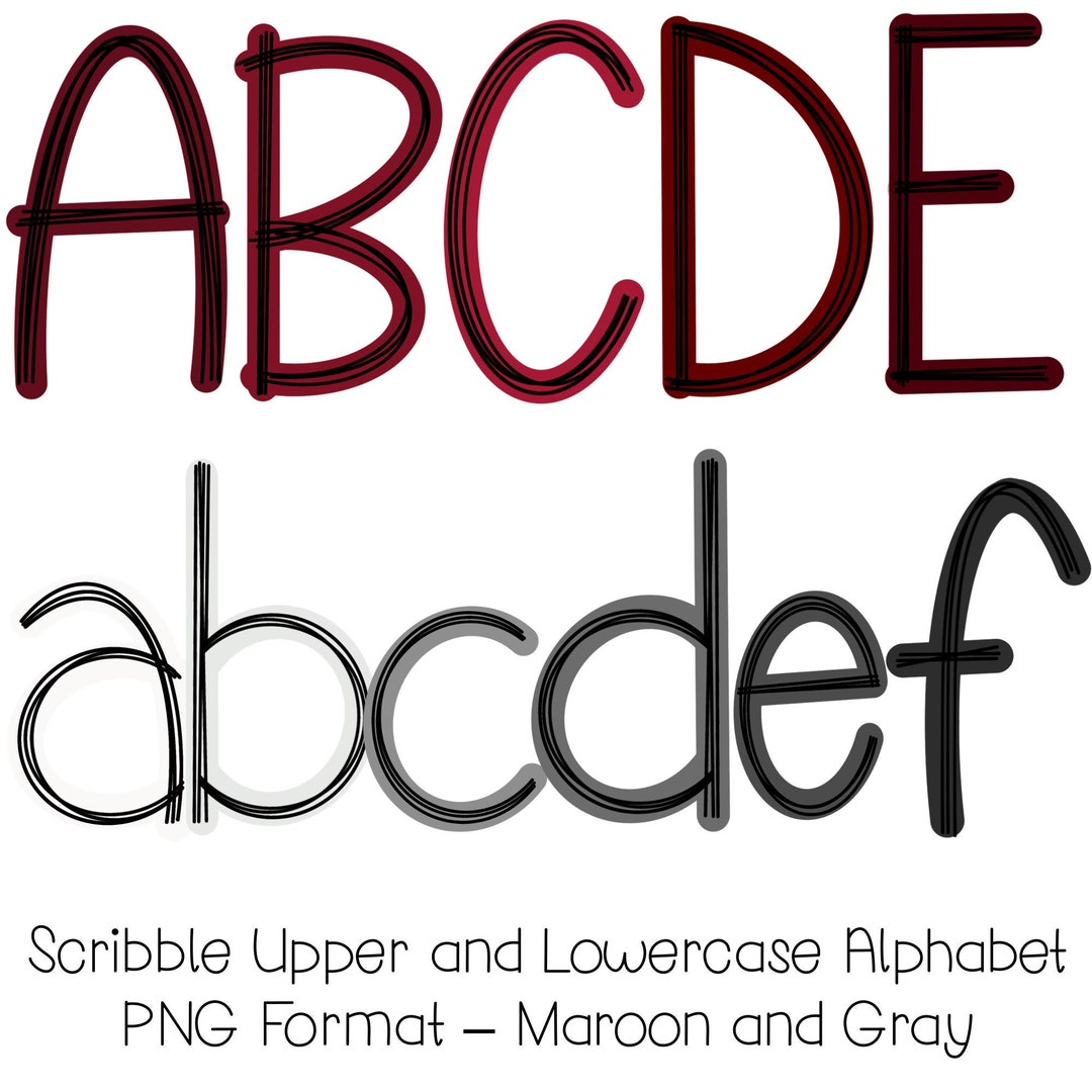 Maroon and Gray Scribble Doodle Alphabet PNG Bundle Doodle Sublimation ...
