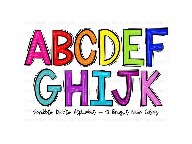 Bright Doodle Alphabet PNG Bundle: Scribble Font Clipart (digital ...
